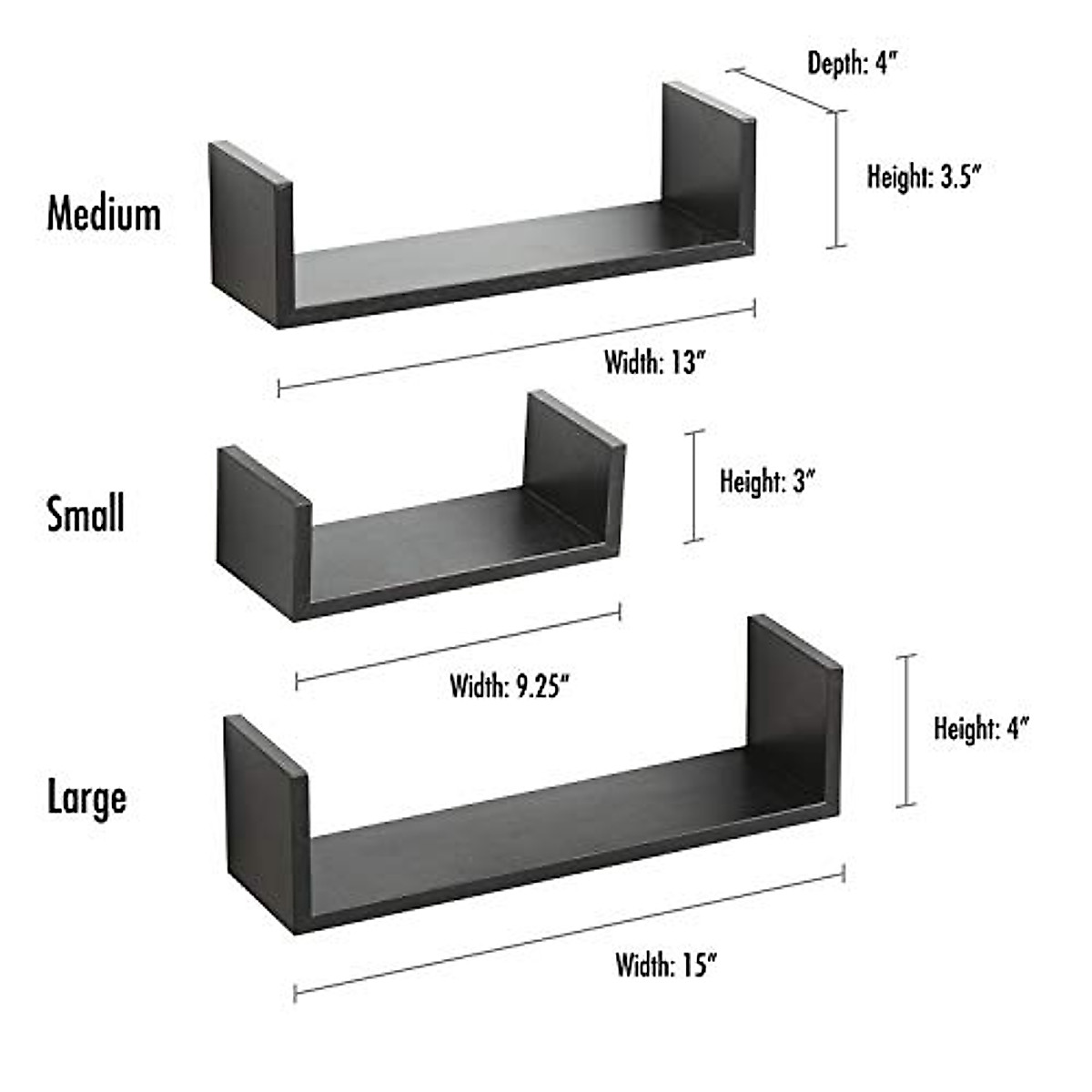 Americanflat Black Floating Shelves - Set of 3 - U Shaped Wall Mounted Display Ledges for Bedroom, Living Room, Bathroom, Kitchen, and Office