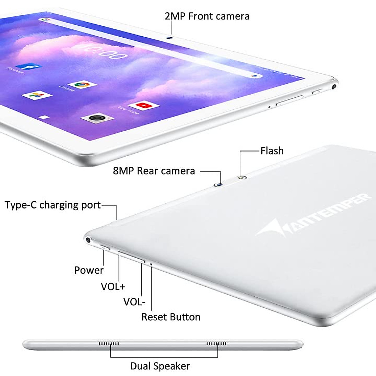 2024 Newest 10.1 Inch Android Tablet With Keyboard - 5G WIFI Tablets Ultra-Portable- RAM 4GB | ROM 64GB 128GB Expandable -6000mAh | Dual Camera | Bluetooth 5.0| 1080FHD | GPS | Mouse/Stylus-Silver