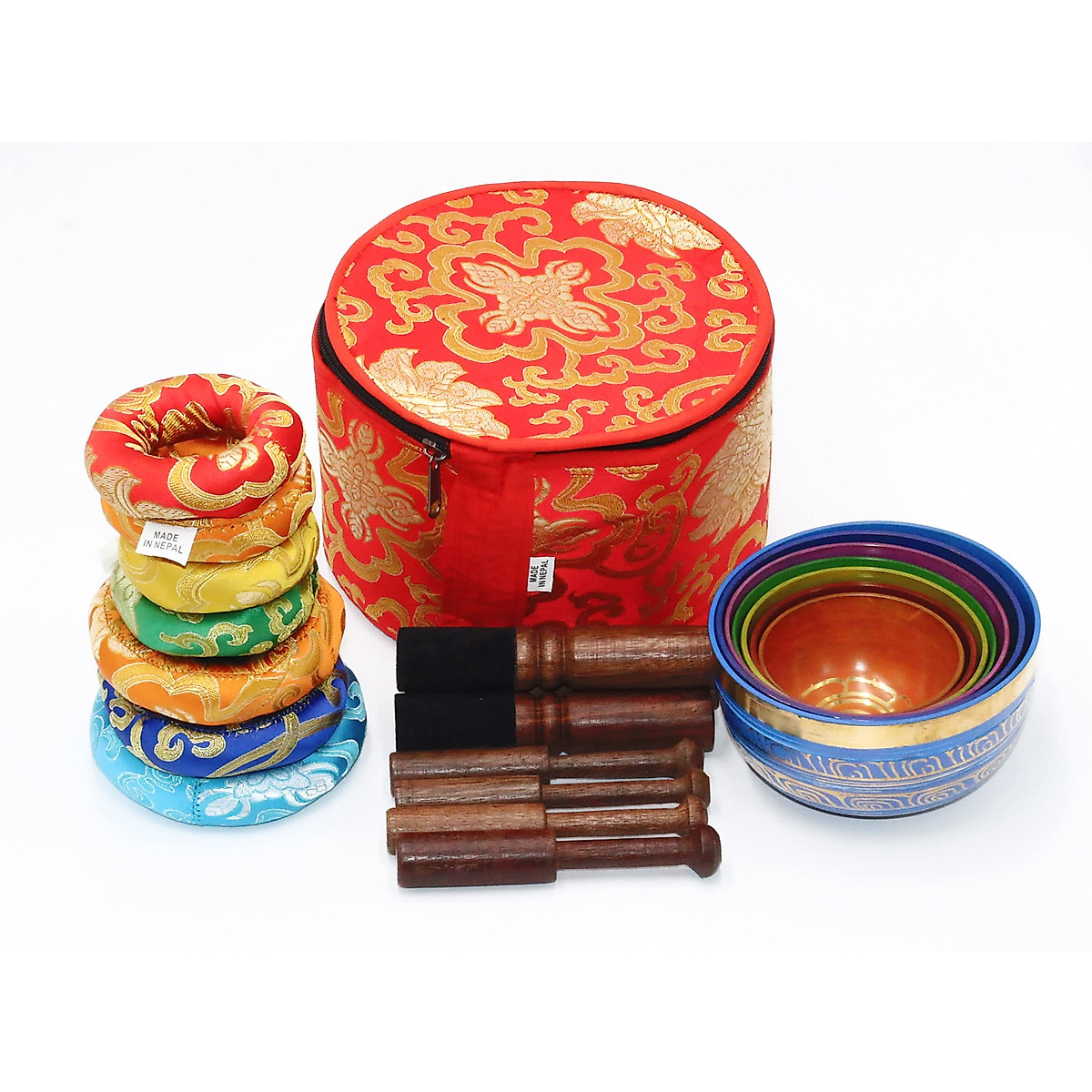 Tibetan Singing Bowls Set of 7 High Sided Colored with Carry Box | Bells for Meditation and Yoga | Sound Therapy Instruments for Relaxation | Singing Bowls Chakra Healing for Spiritual and Mental Calm