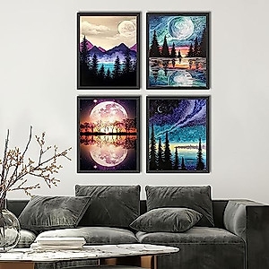 Suyaloo 4 Pack Paint by Numbers,Moon Paint by Numbers for Adults Kids Beginner,Landscape Drawing Paintwork with Paintbrushes DIY Acrylic Paint Canvas Oil Painting for Home Wall Decor 12X16Inch