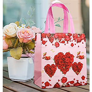 4PCS Happy Valentines Day Reusable Gift Bags, Treat Bags with Handles, Valentines Day Party Bags, Multifunctional Non-Woven Valentines Bags for Gifts Wrapping, Valentines Party Supplies, 8.7×9.2×4.3inch