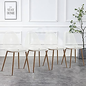Gxcevsou Dining Chairs Set of 4, Modern Plastic Transparent Crystal Ghost Seat, Nordic Creative Makeup Stool Negotiation Chair for Dining Room Living Room Bedroom - Walnut Wood Color Metal Leg