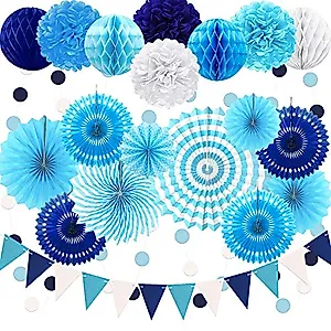 23Pcs Paper Fan Party Decoration, Navy Blue Hanging Paper Fans, Pom Poms Flowers, Garland String Polka Dot and Triangle Bunting Flag Packs for Boy Birthday, Bridal Shower, Baby Showers, Wedding