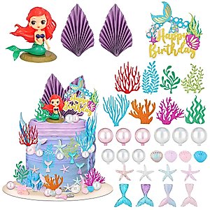QUEEN KING 33 pcs Mermaid Cake Topper,Little Resin 3D Mermaid Seaweed Palm Leaves Bubble Starfish Shell Mermaid Tail Cupcake Picks for Kids Girls Birthday Baby Shower Party Decorations