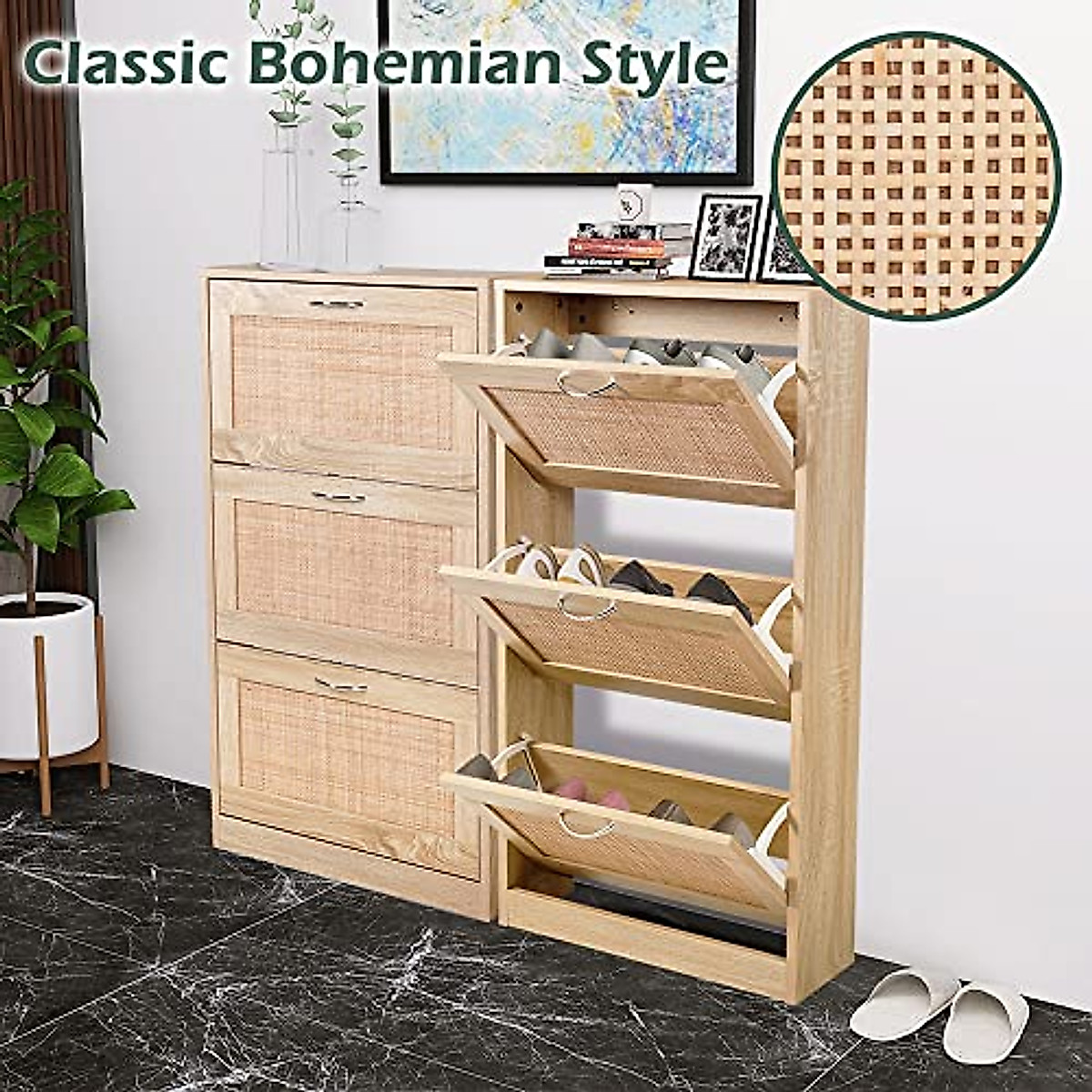 HOPUBUY Shoe Cabinet for Entryway, Narrow Shoe Storage Cabinet, Hidden Rattan Shoe Cabinet Wood 3 Tier Slim Shoe Rack for Home and Apartment, Nature