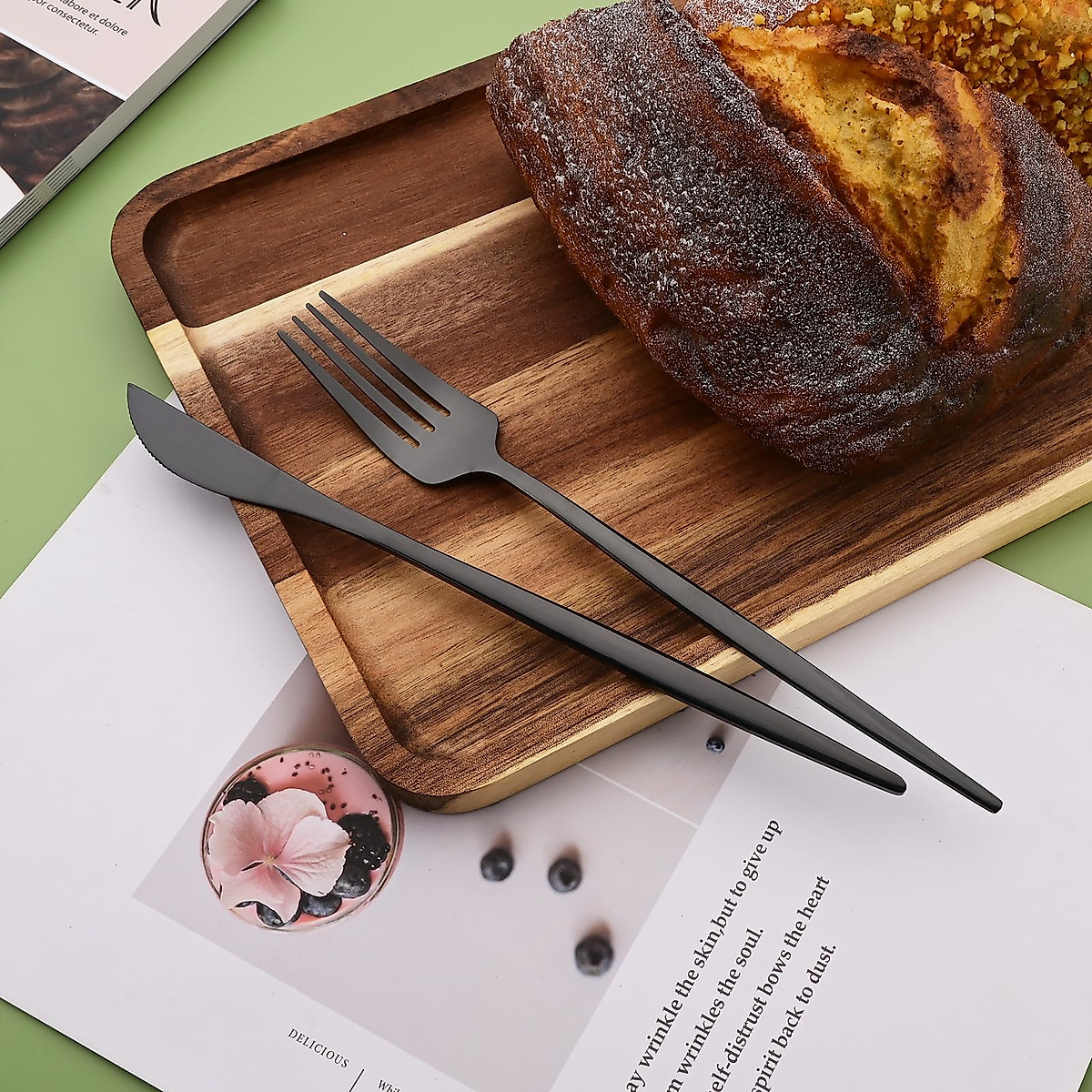 Uniturcky 62-Piece Black Flatware Set for 8 Stainless Steel Silverware Set with Steak Knives, Plus Reusable Metal Straws and Butter Knives, Party Tableware Cutlery Set, Mirror Polished