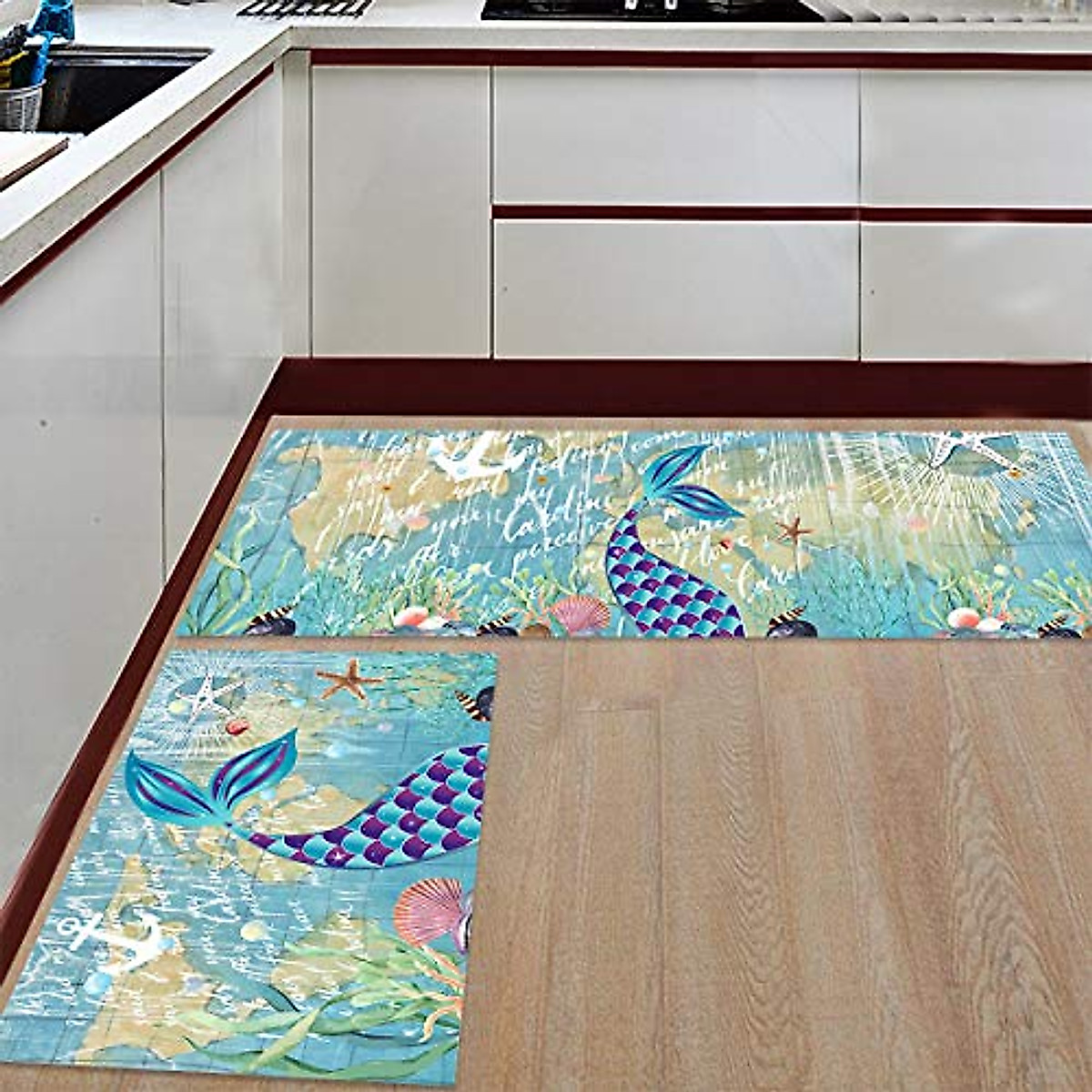 Z&L Home Anti Fatigue Kitchen Rug Sets 2 Piece Floor Mats Non-Slip Rubber Backing Area Runners Nautical Map Doormat Mermaid Tail Indoor Washable Carpet Door Mat Pad