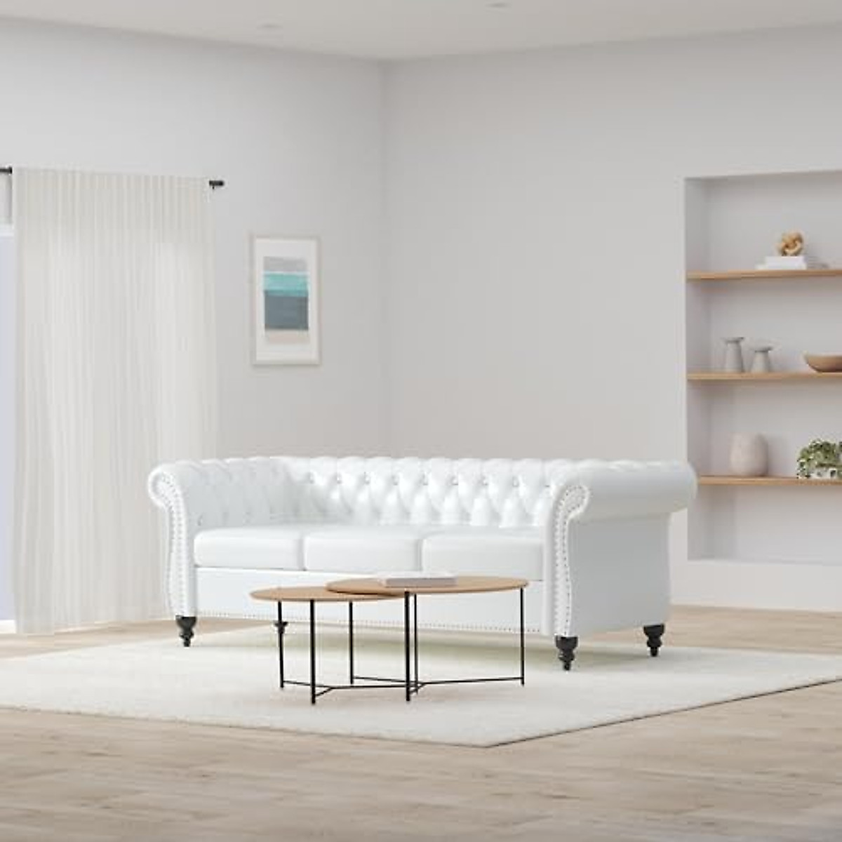 Wlvos 84" Leather Chesterfield Sofas for Living Room, Rolled Arm 3-Seater Large Couch Deep Button Nailhead Tufted Upholstered Couches for Bedroom, Office Apartment Easy to Assemble (Beige)