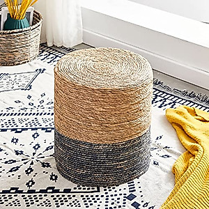 Wimarsbon Natural Seagrass Foot Stool, Hand Weaving Round Ottoman, Poof Pouffe Accent Chair, for Living Room, Bedroom, Nursery, kidsroom, Patio, Gym, Outdoor Seat - Natural & Blue