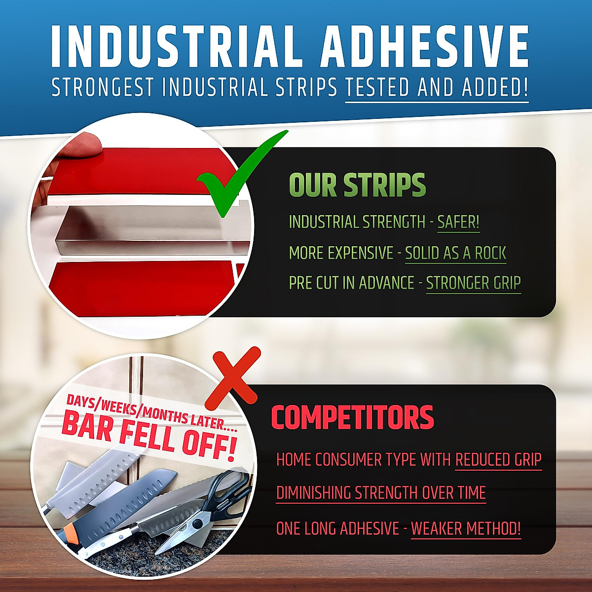 Strong Adhesive (No Drill) Magnetic Knife Holder for Wall - Professional 10 Inch Knife Strip - No Screws Needed - Adhesive Backing - Stainless Steel Knife Bar (Upgraded Version – Will Not Fall)