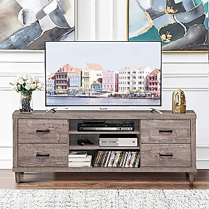 Tangkula Farmhouse TV Stand, Retro Wood Universal Stand for TV's up to 65" Flat Screen, 4 Drawers & 3 Open Shelves with 7 Adjustable Heights, 6 Legs Sturdy Structure, Rustic TV Console Table, Grey