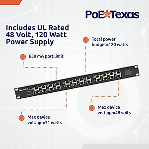 PoE Texas - PoE Injector - 12 Port Gigabit Passive Midspan Injector with 48V 120 Watt UL Power Supply - Power Over Ethernet for 802.3af or at (PoE+) Devices VoIP Phone, WiFi Access Point, IP Camera