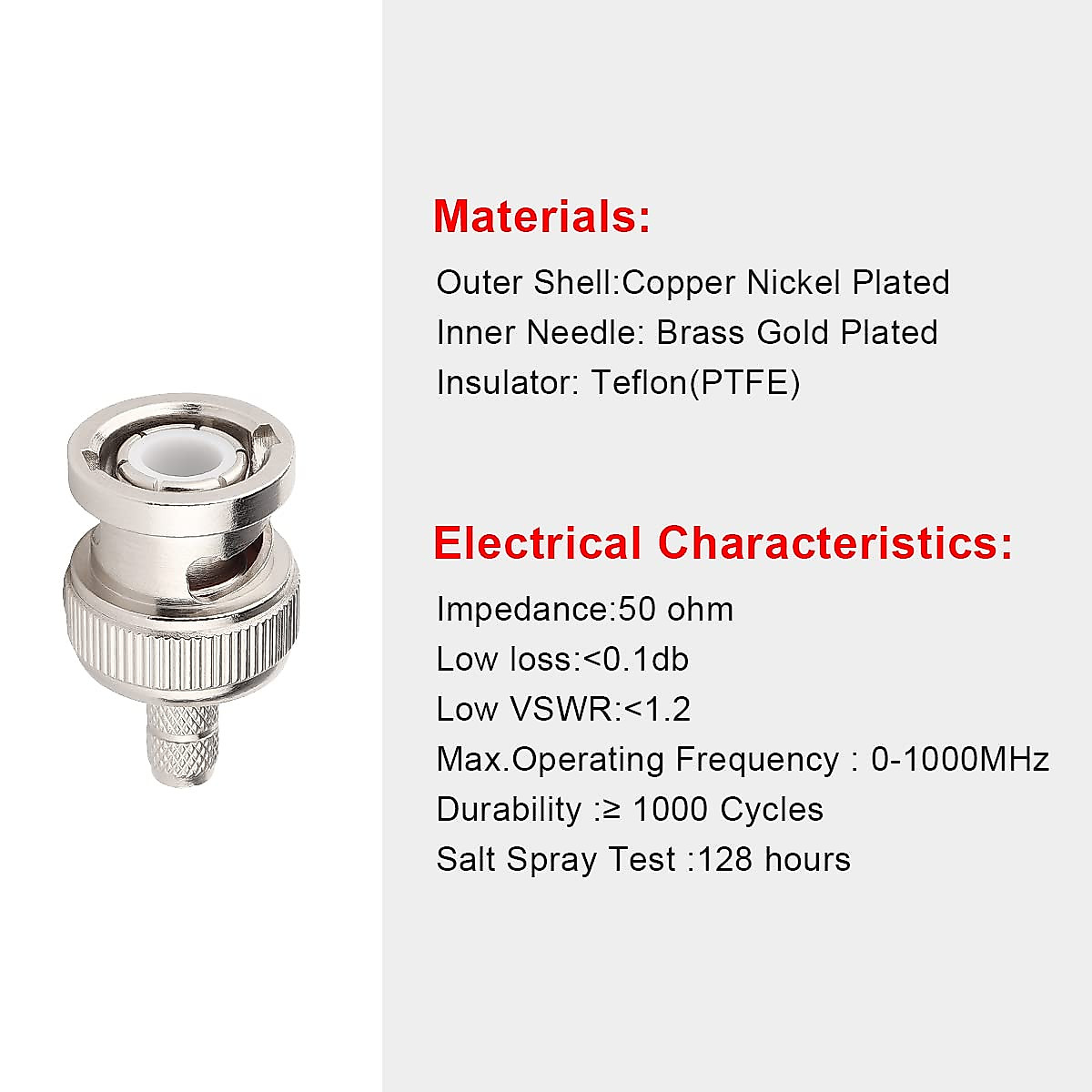 MOOKEERF 10 Pack 50 Ohm BNC Male Crimp Connector,BNC/Q9 Connector for RG58/RG142/RG400/LMR195/KSR195/3D-FB Cable