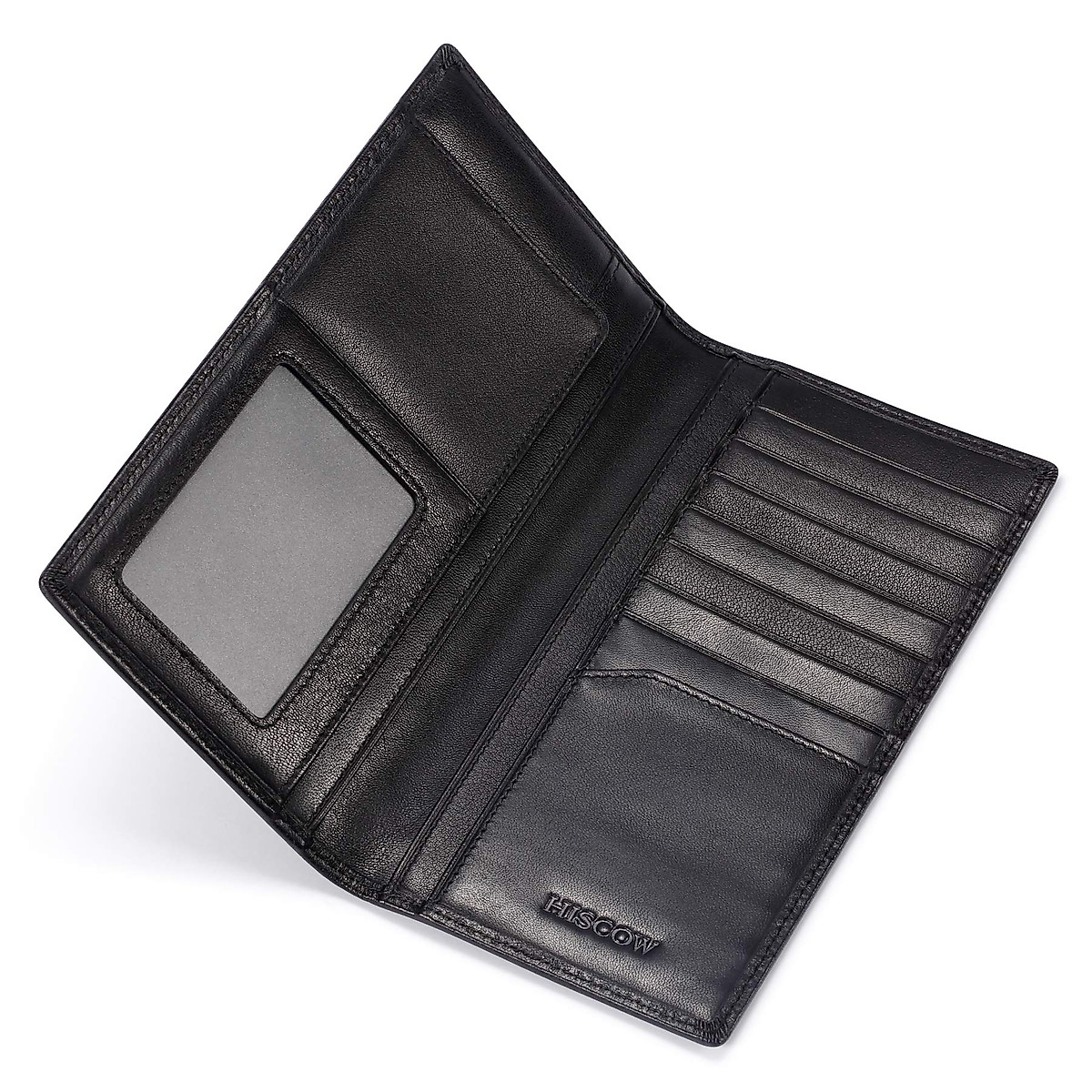 HISCOW Slim Leather Long Wallet for Men & Women, Italian Calfskin, Breast Pocket Wallet for Checkbook, Credit Cards (Black)