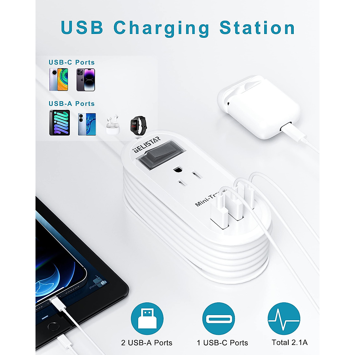 Travel Power Strip with USB Outlet,Travel Small Surge Protector Power Strip with 4ft Around Extension Cord 2 Outlets 2 USB Ports 1 USB C Outlet, Essentials for Travel Office Desk Cruise Vacation