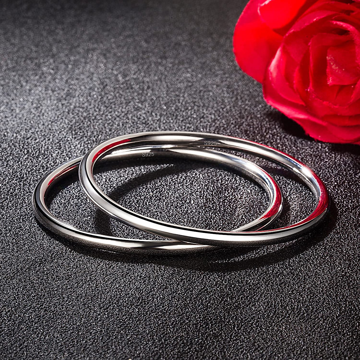 H&Beautimer Solid 925 Sterling Silver Italian Handmade Minimalist 4MM Bracelet for Women's Charm Jewelry 60-65MM Bangle 1/2/3 Set Birthday Gift (2set, 68MM)