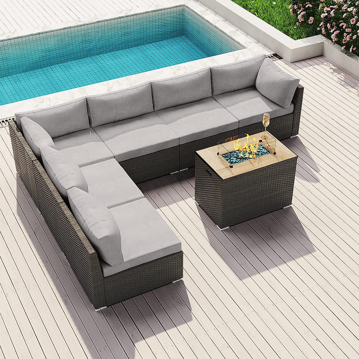 MODENZI Patio Furniture Outdoor Sectional with Propane Fire Pit Table Espresso Brown Wicker Resin Garden Conversation Sofa Set (Light Grey)