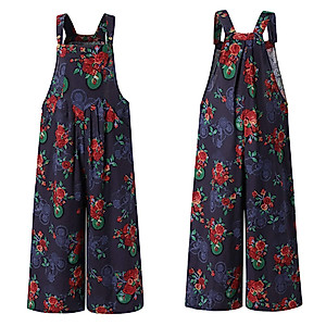 Bravetoshop Women Boho Overalls Summer Floral Loose Suspender Jumpsuits Wide Leg Pants Romper with Pockets (B-Navy,L)