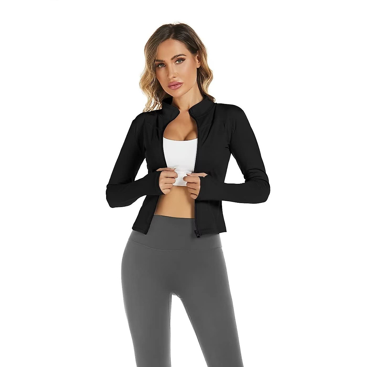 Aolpioon Women's Quick Dry Stretchy Sweat Shirt Long Sleeve Athletic Crop Jackets Yoga Tennis Golf Tight Fitted Light Jacket Black L