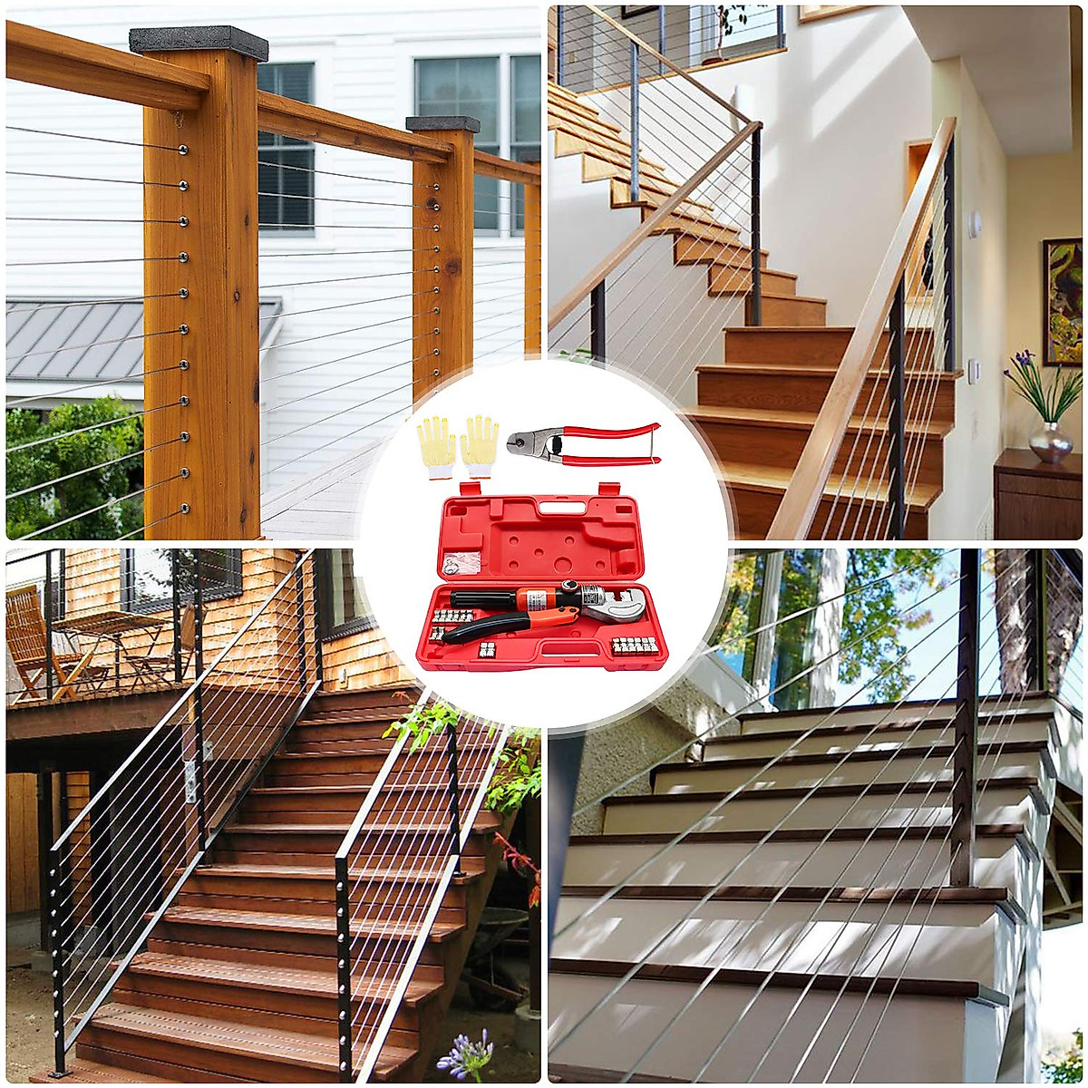 CKE Upgraded 10 Ton Hydraulic Cable Crimper Hand Tool for 1/8, 3/16 Stainless Steel Cable Railing Fittings - Heavy Duty Head with 9 Dies and Cable Cutter