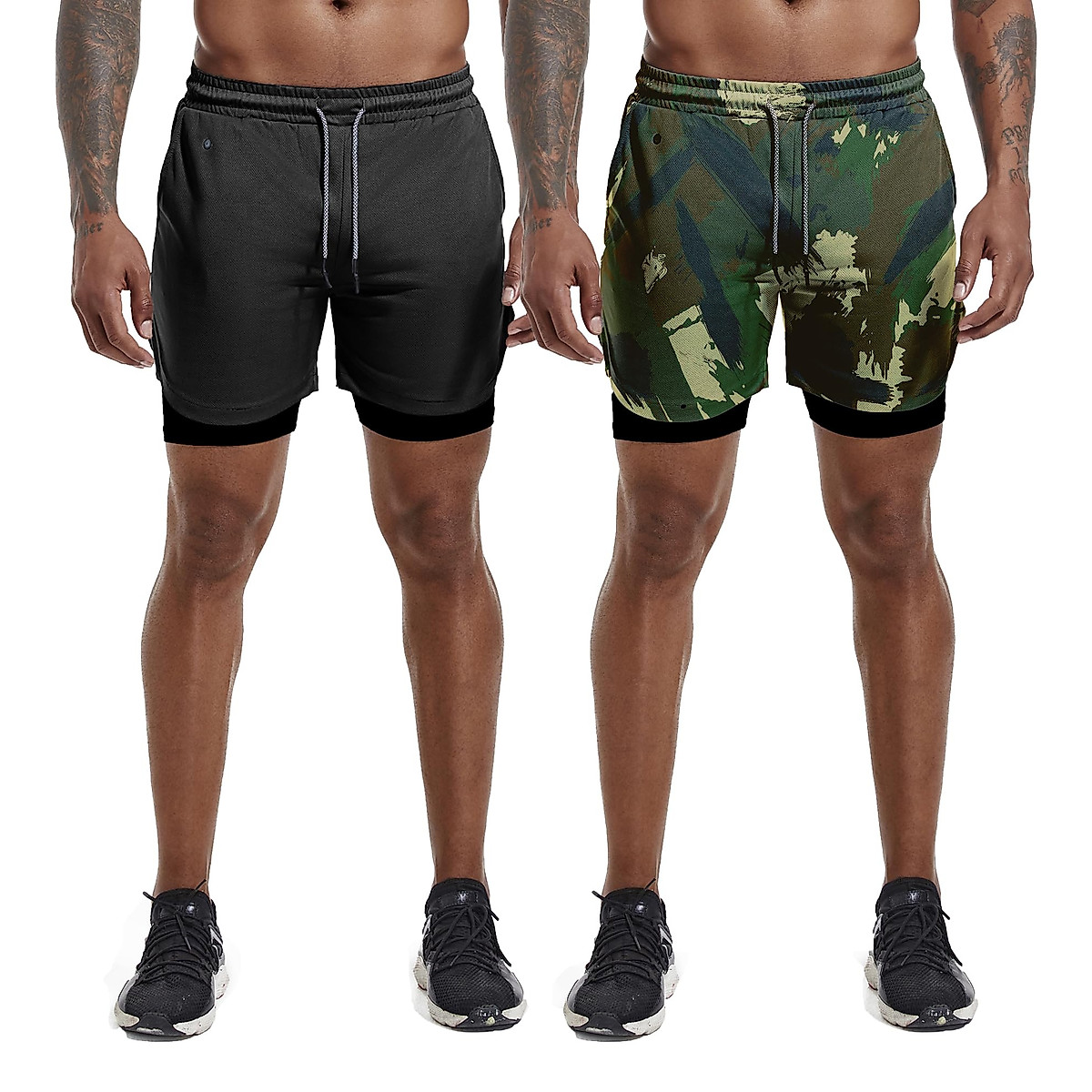 GYMELITE Men's 2 in 1 Workout Running Shorts 7" Gym Yoga Active Sports Shorts Lightweight Training with Phone Pockets(BKCGN M)