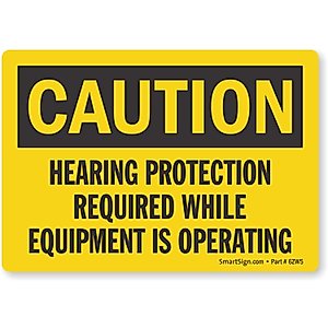 SmartSign - U1-1029-ND_5x3.5 Adhesive Vinyl OSHA Safety Sign, Legend "Caution: Hearing Protection Required", 3.5" high x 5" wide, Black on Yellow