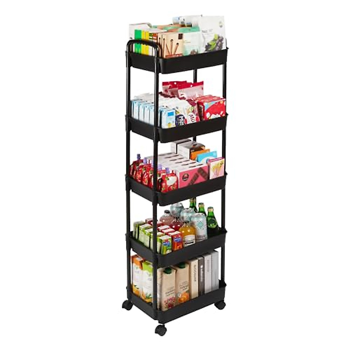 Vtopmart 5 Tier Rolling Cart with Wheels, Detachable Utility Storage Cart with Handle and Lockable Casters, Storage Basket Organizer Shelves, Easy Assemble for Bathroom, Kitchen, Black