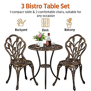 Yaheetech Patio Bistro Sets 3 Piece, Outdoor Rust-Resistant Cast Aluminum Garden Table and Chairs, Bronze