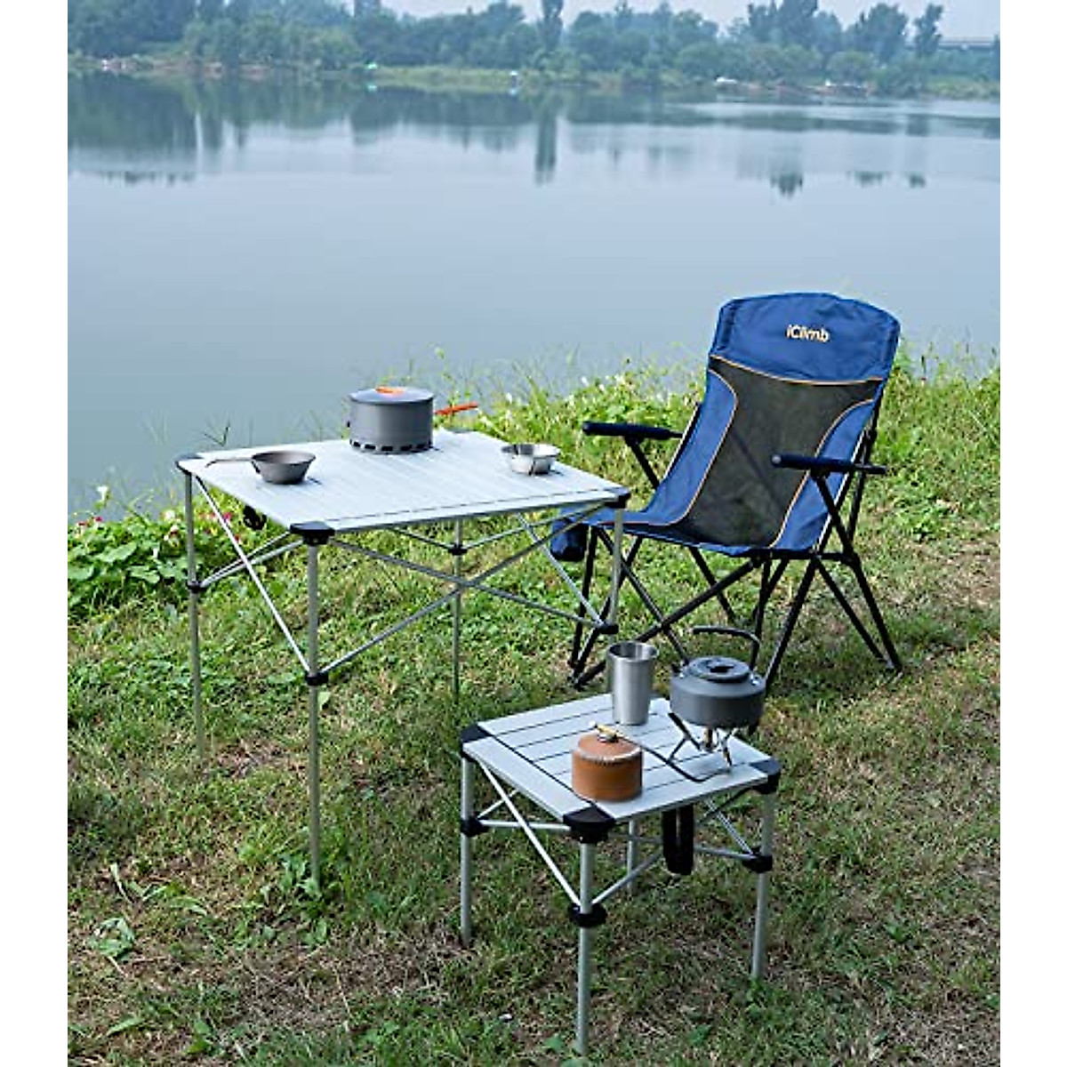 iClimb 1 Folding Square Table and 1 Padded Rocking Folding Chair Buddle for Two Person Camping Patio Porch Backyard Lawn Garden Balcony Indoor Outdoor