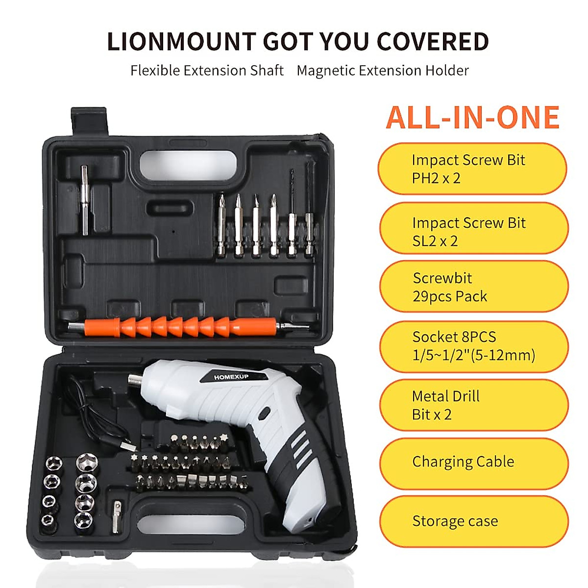 HOMEXUP Electric Screwdriver, 3.6V Cordless Screwdriver Rechargeable with 45pcs Screw Driver Bit Set, Front LED Light, Extension Rob, Micro USB, Carrying Case, Easy for Small Home Projects（Gray）