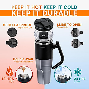 SKETORA 32oz Insulated Tumbler with Rotatable Handle and 2 Lids (Flip Straw, 3-in-1 Sliding Lid) - Stainless Steel Travel Mug for Hot & Cold Drinks, Soft Lavender