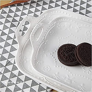 AMDSS Dinner Plate 2pcs Set,10+12inch, White Embossed Porcelain Square Tray with Handle, Ceramic Buffet Tray, Chafing Dish, Display Plate