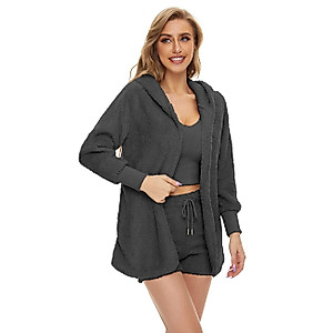 HRESSLBD Cozy 3 Piece Loungewear for Women, Fuzzy Shorts Sets for Women, Womens Fuzzy Fleece 3 Piece Pajama Set Tank Crop Tops Shorts Open Cardigan, Fluffy Crop Top and Shorts Set (Dark Gray, XL)