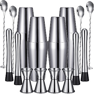 16 Pieces Cocktail Shaker Set Including 4 Pcs Boston Shaker 4 Pcs Muddler 4 Pcs Double Measuring Jigger 4 Pcs Mixing Spoon Stainless Steel Bartender Kit Bar Accessories for Home Bar Wine Lovers Gift