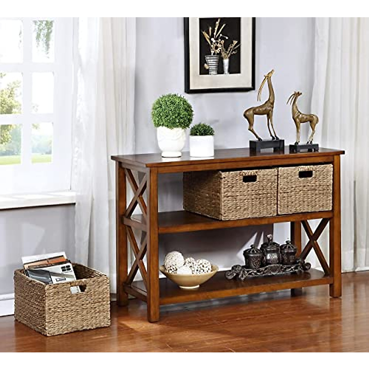 eHemco Rectangular Water Hyacinth Wicker Storage Baskets with Iron Wire Frame, Natural, Set of 4