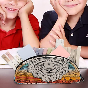Pardick Pencil Case Animal Lion Enthnic Pencil Pouch Pencil Bags Half Round Pencil Organizer with Zipper, Adults Pencil Boxes Makeup Bag Pencil Storage Bag for Office School