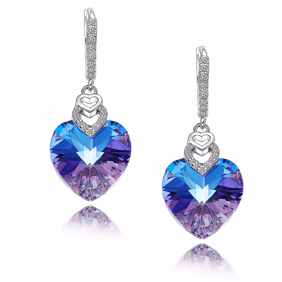 S925 Sterling Silver Heart Dangle Drop Hoop Earrings for Women Multicolored Crystal Cubic Zirconia Purple Amethyst Dangling Earrings Fine Jewelry Gifts for Her (purple)