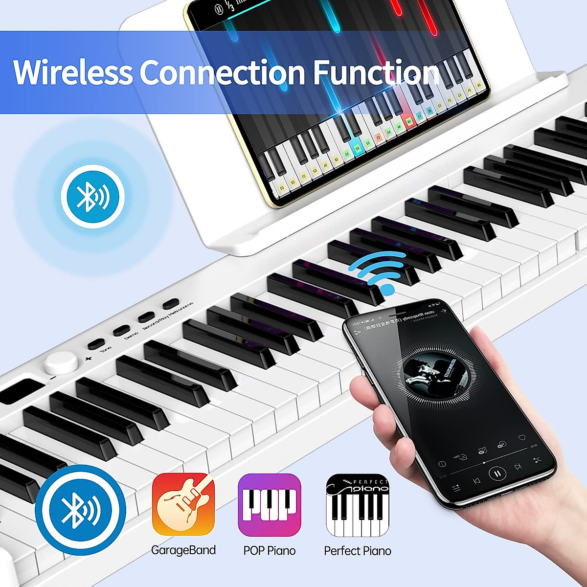 Folding Piano Keyboard, 88 Keys Full Size Semi-Weighted Foldable Piano, Support MIDI Bluetooth Portable Piano with LCD Screen Sheet Music Stand Sticker Sustain Pedal for Beginners Kids (White)