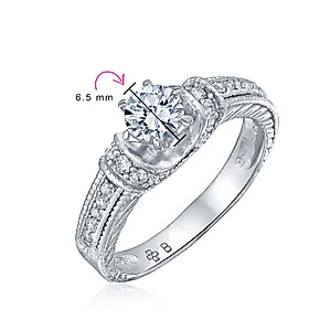 Personalize Vintage Art Deco Style 1CT Brilliant Round Solitaire U Set 6 Prong AAA CZ Engagement Ring For Women With Intricate Heirloom Filigree Details on Sides Of Pave Band .925 Sterling Silver