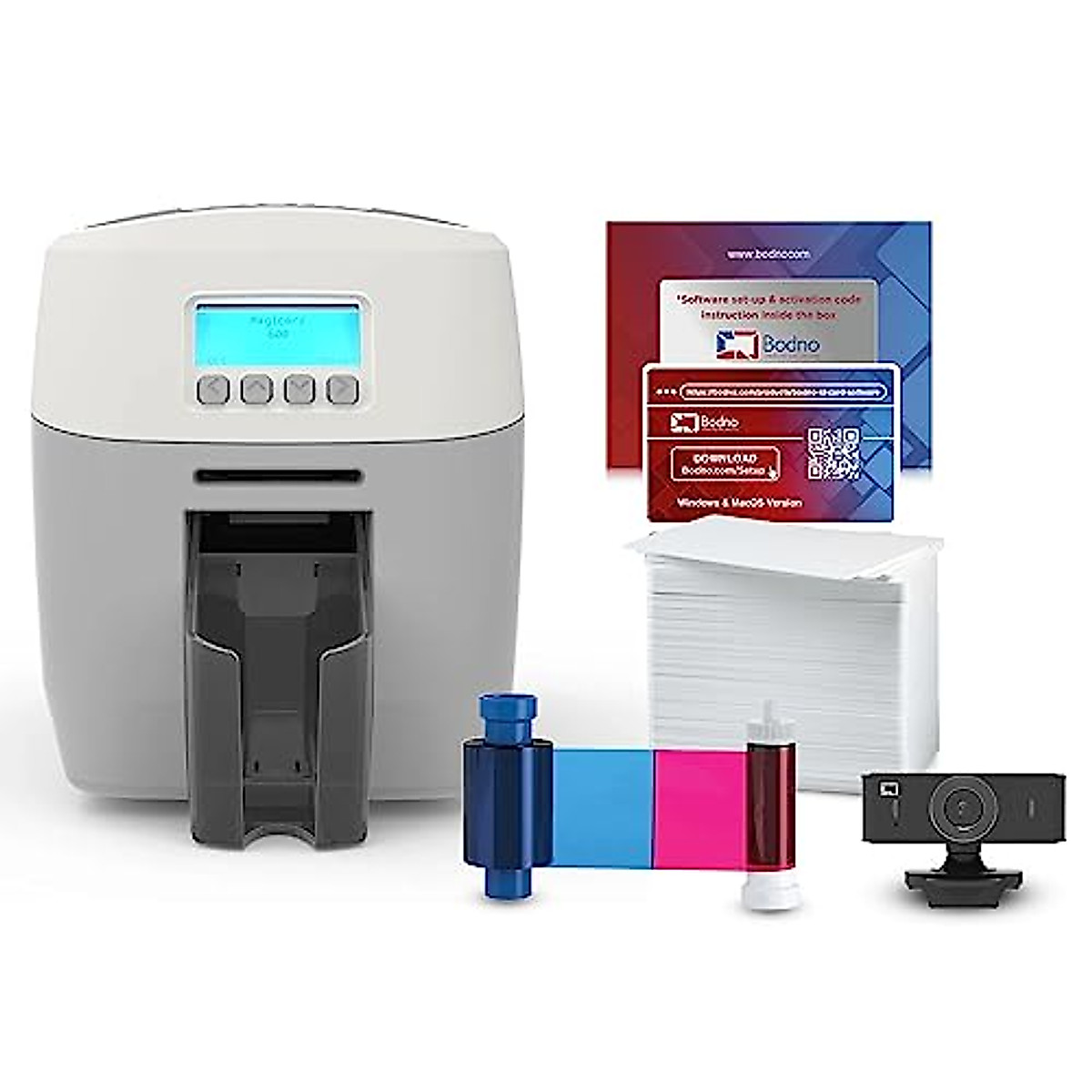 Bodno Magicard 600 Single Sided ID Card Printer & Complete Supplies Package ID Software - Silver Edition