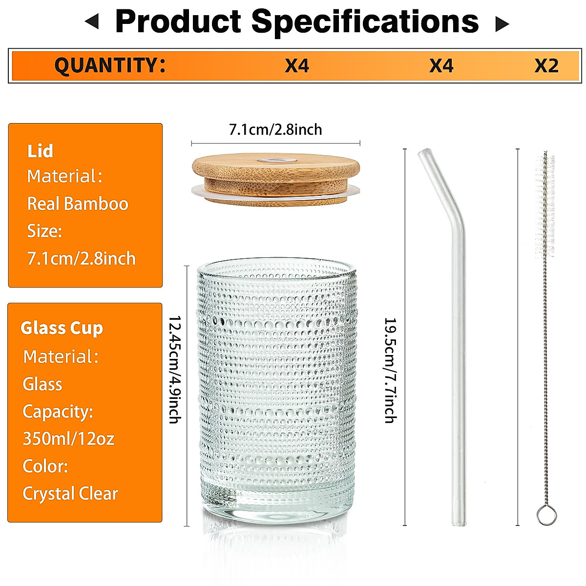 Set of 4 Hobnail Highball Glasses: Embossed Beaded Glass Cups with Lids and Straws – Perfect for Cocktails, Old Fashioned, Margaritas, Beer, Juice, and More – 12oz Elegant Mixed Drinkware (12 Oz)