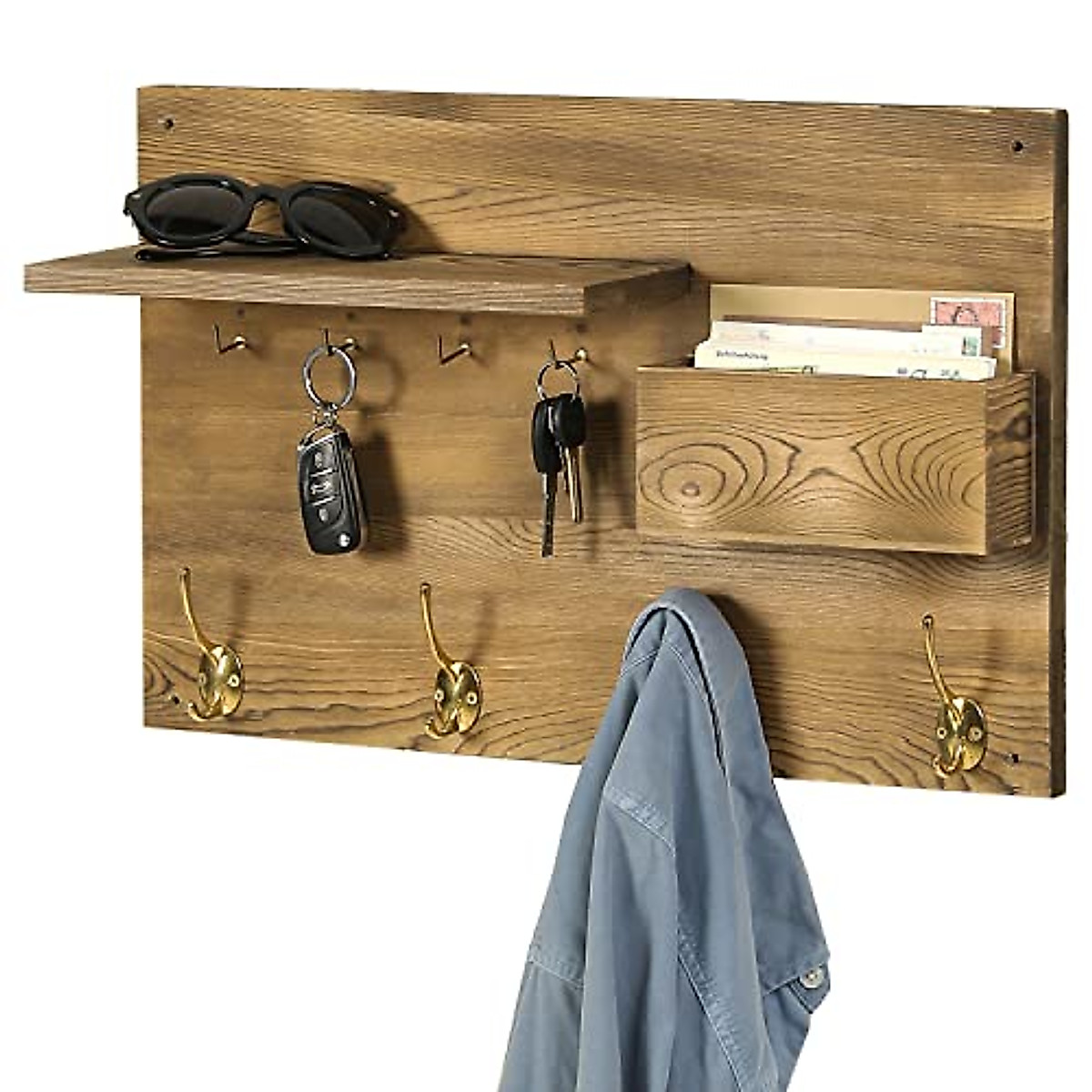 MyGift Wall Mounted Solid Burnt Wood Entryway Key and Mail Holder Organizer Storage Rack with Display Shelf and 8 Hooks