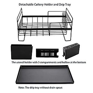Cedilis 3-Piece Dish Drying Rack, Black Dish Drainer with Removable Drip Tray and Utensil Holder, Stylish Dish Rack for Kitchen Countertop