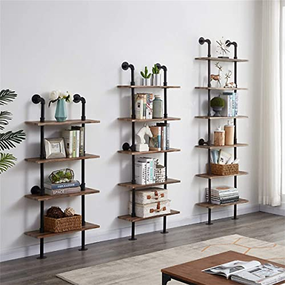 HOMBAZAAR Industrial Bookshelf 6-Tier Modern Ladder Shelf, Vintage Metal Pipes and Wood Shelves, Rustic Display Bookshelf for Storage Collection, Oak Brown