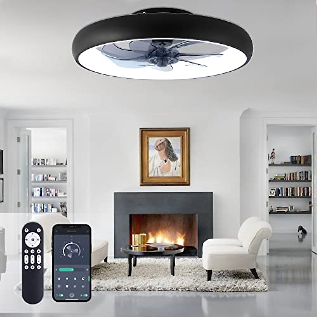 Femony Ceiling Fans with Light,20" Dimmable Modern Ceiling Fans with Lights and Remote,3 Light Color Change/6-Speed/Timing Setting,Flush Mount Ceiling Fan for Bedroom,Matte Black Finish