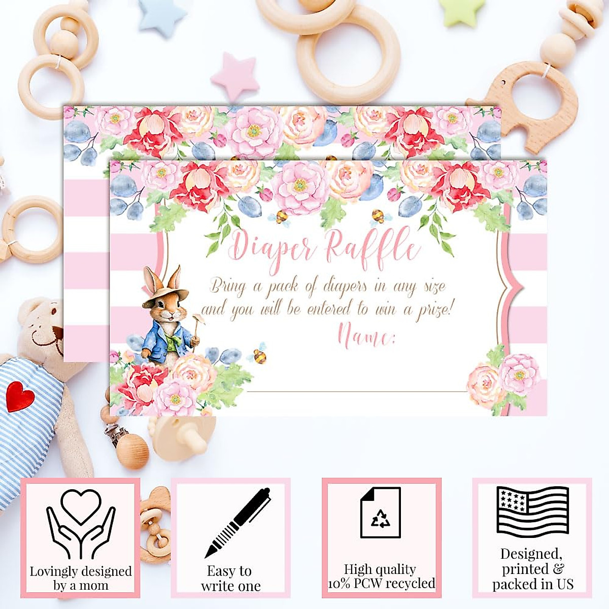 Little Rabbit Floral Themed Diaper Raffle Tickets for Girl Baby Showers, 20 2" X 3” Double Sided Insert Cards for Games by AmandaCreation, Bring a Pack of Diapers to Win Favors & Prizes!