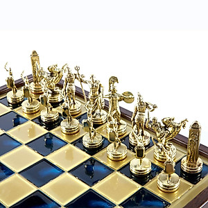 Manopoulos Greek Mythology Chess Set - Brass&Nickel - Wooden case Blue Board