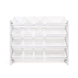 Humble Crew, White Kids Wood Table and 4 Chairs Set & Extra-Large Toy Organizer, 16 Storage Bins, White/White