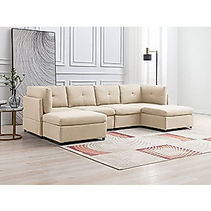 linor Modern U Shaped Convertible Sofa Couch,118'' Modular Sectional Sofa with Tufted Back Cushion, 6 Seat Oversized Sectionals Sofa Couch with Ottomans for Living Room (Linen,Beige)