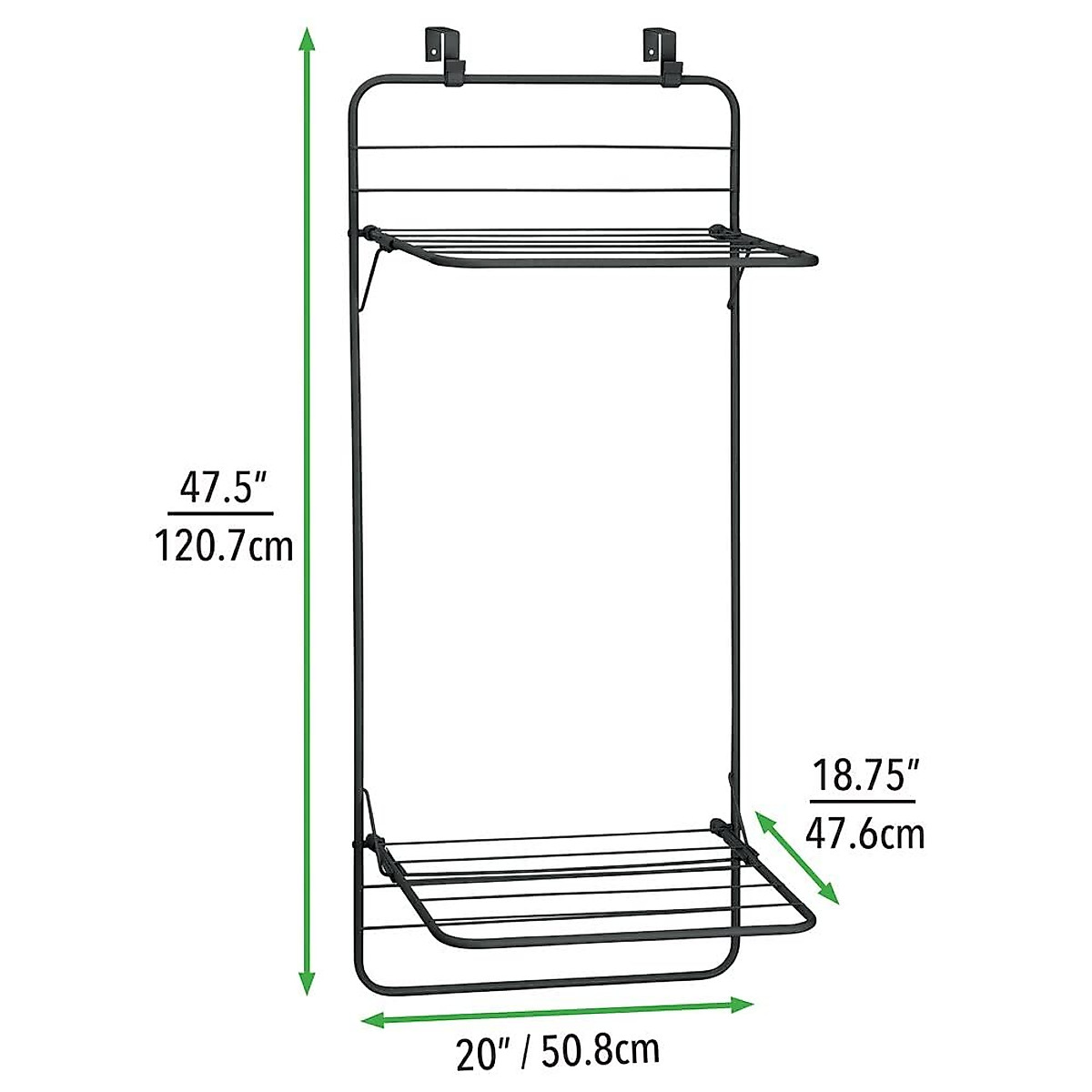 mDesign Steel Collapsible Over The Door, Hanging Laundry Dry Rack Clothes Organizer, 2 Tiers - for Indoor Air-Drying Clothing, Towels, Lingerie, Hosiery, Delicates - Folds Compact - Black